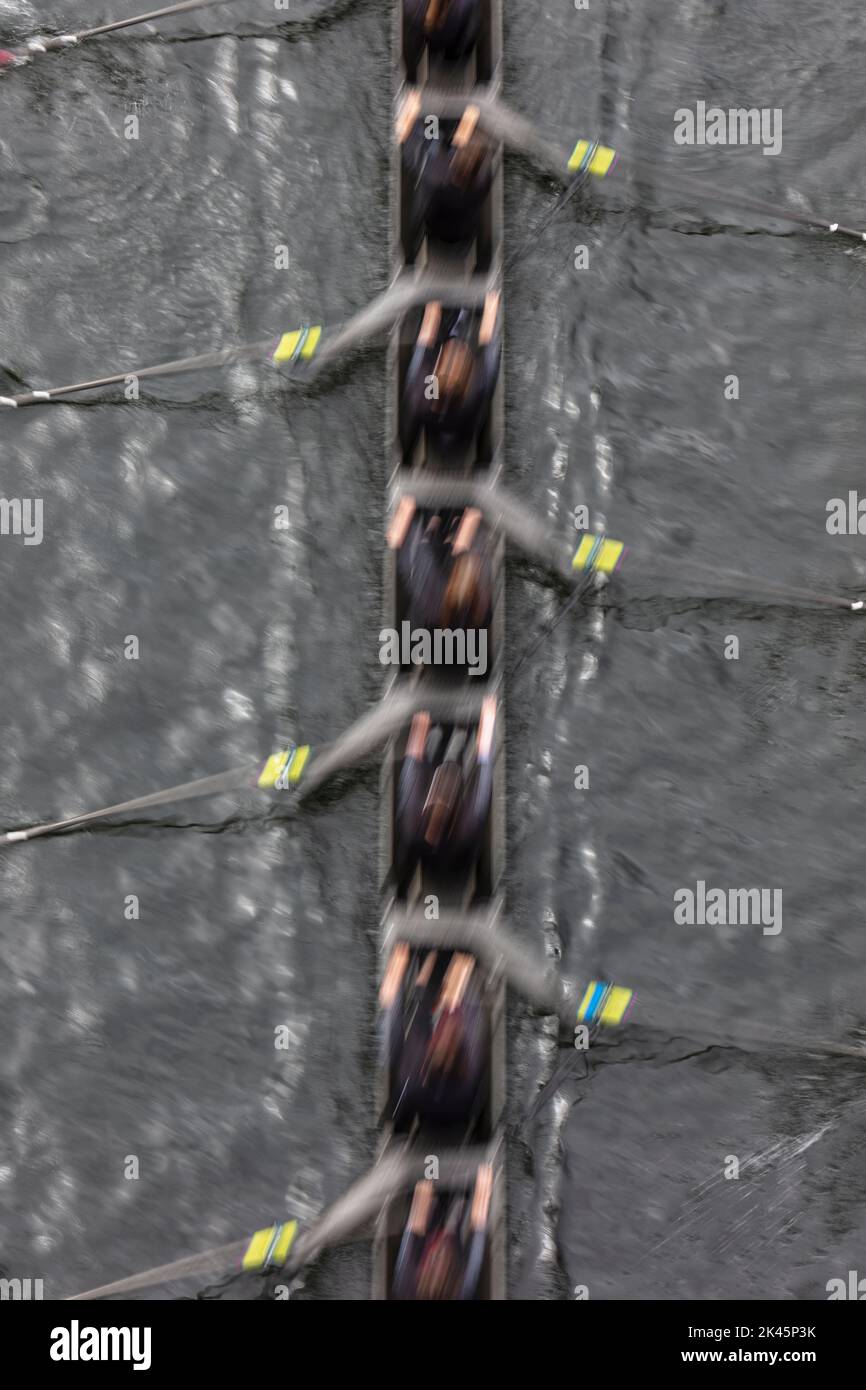 Overhead view of female crew racers rowing in an octuple racing shell ...