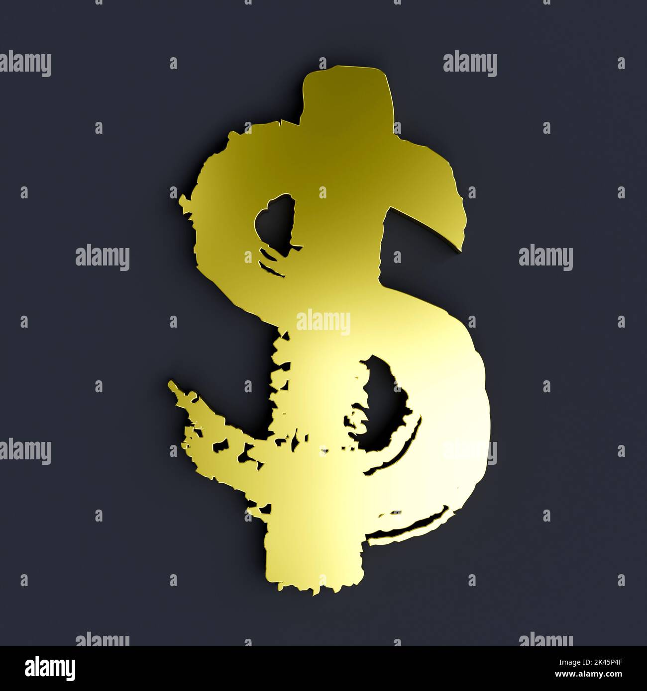 Dollar sign illustration isolated on dark background, gold texture ...