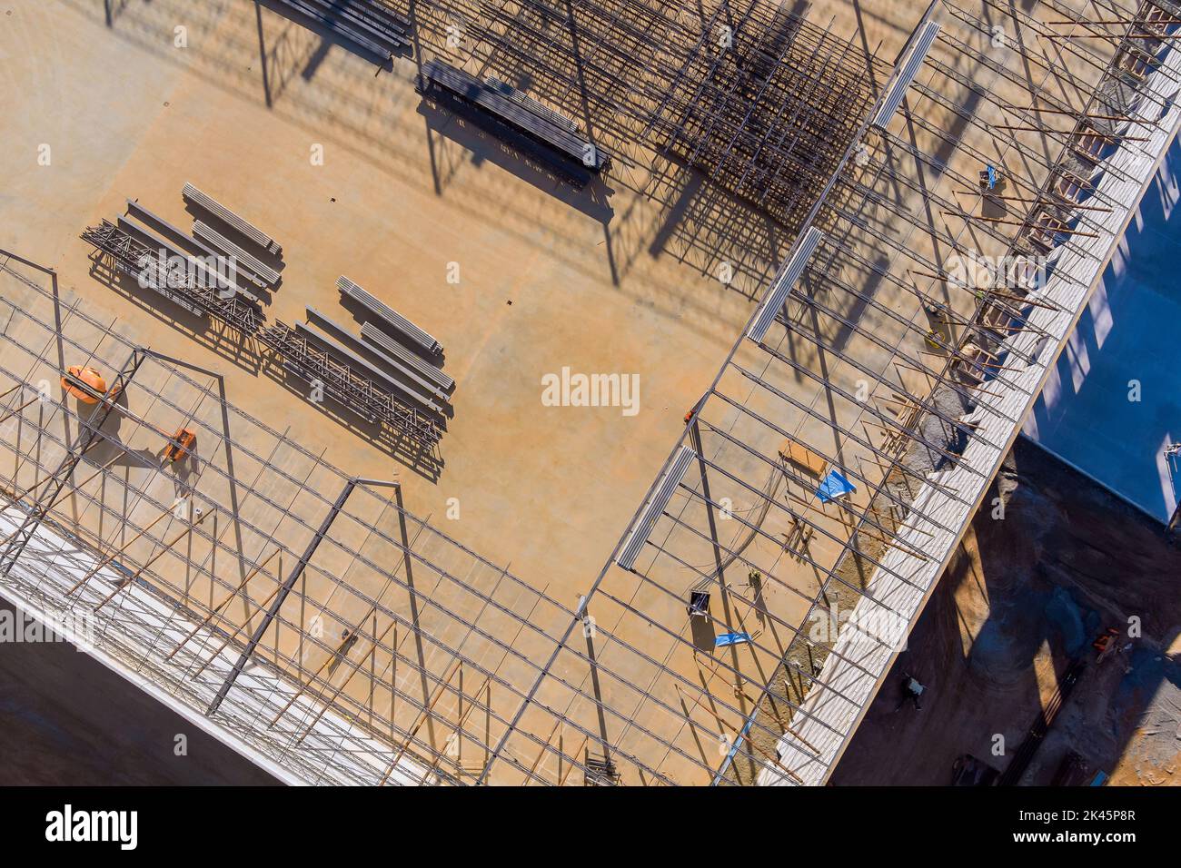Installation of the roof truss frame on the steel warehouse roof of the ...