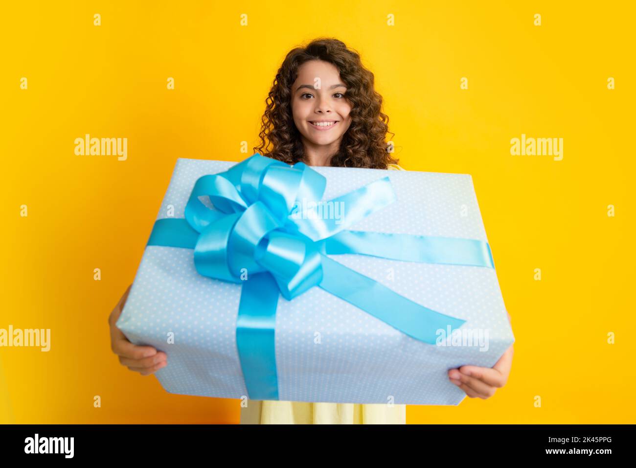 Happy teenager portrait. Cute teenager child girl congratulate with ...