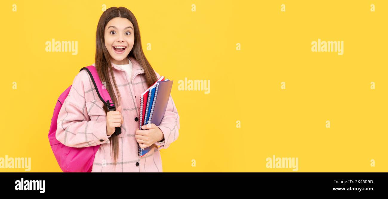 surprised child girl wear pink checkered shirt carry school bag and ...