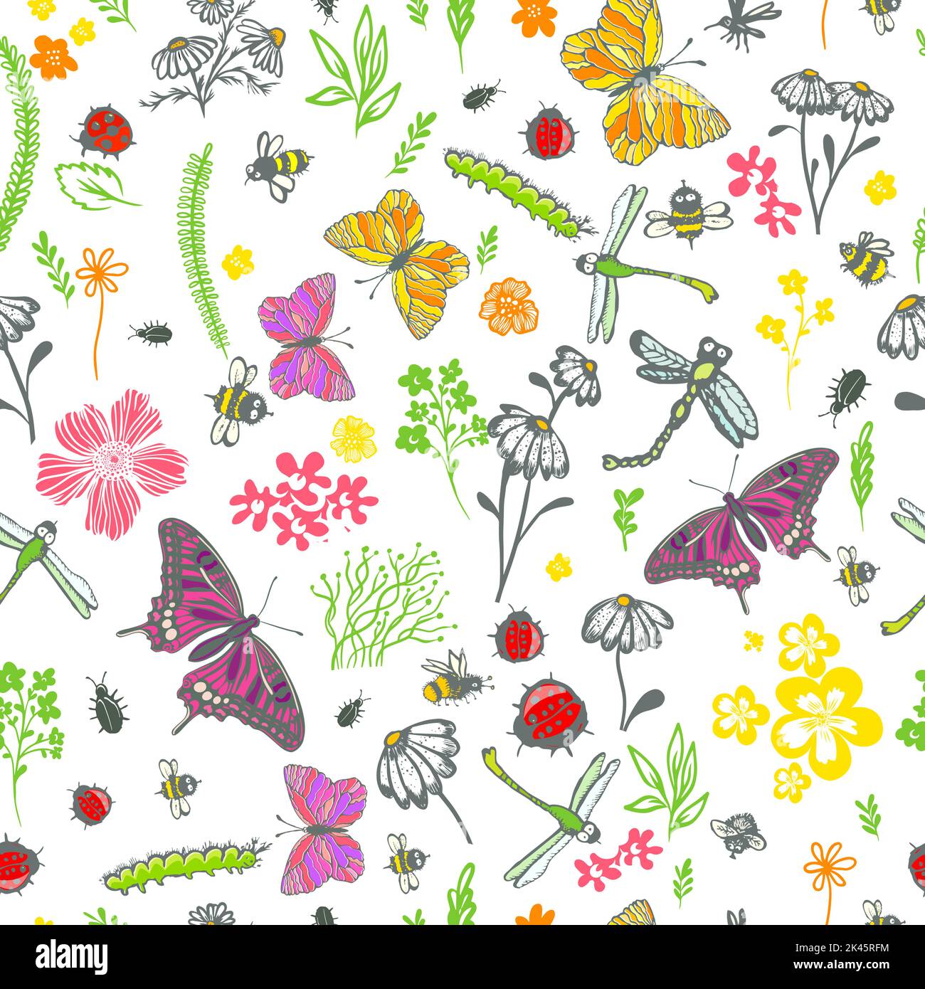 Seamless botanical background with flowers and butterflies. Vector ...