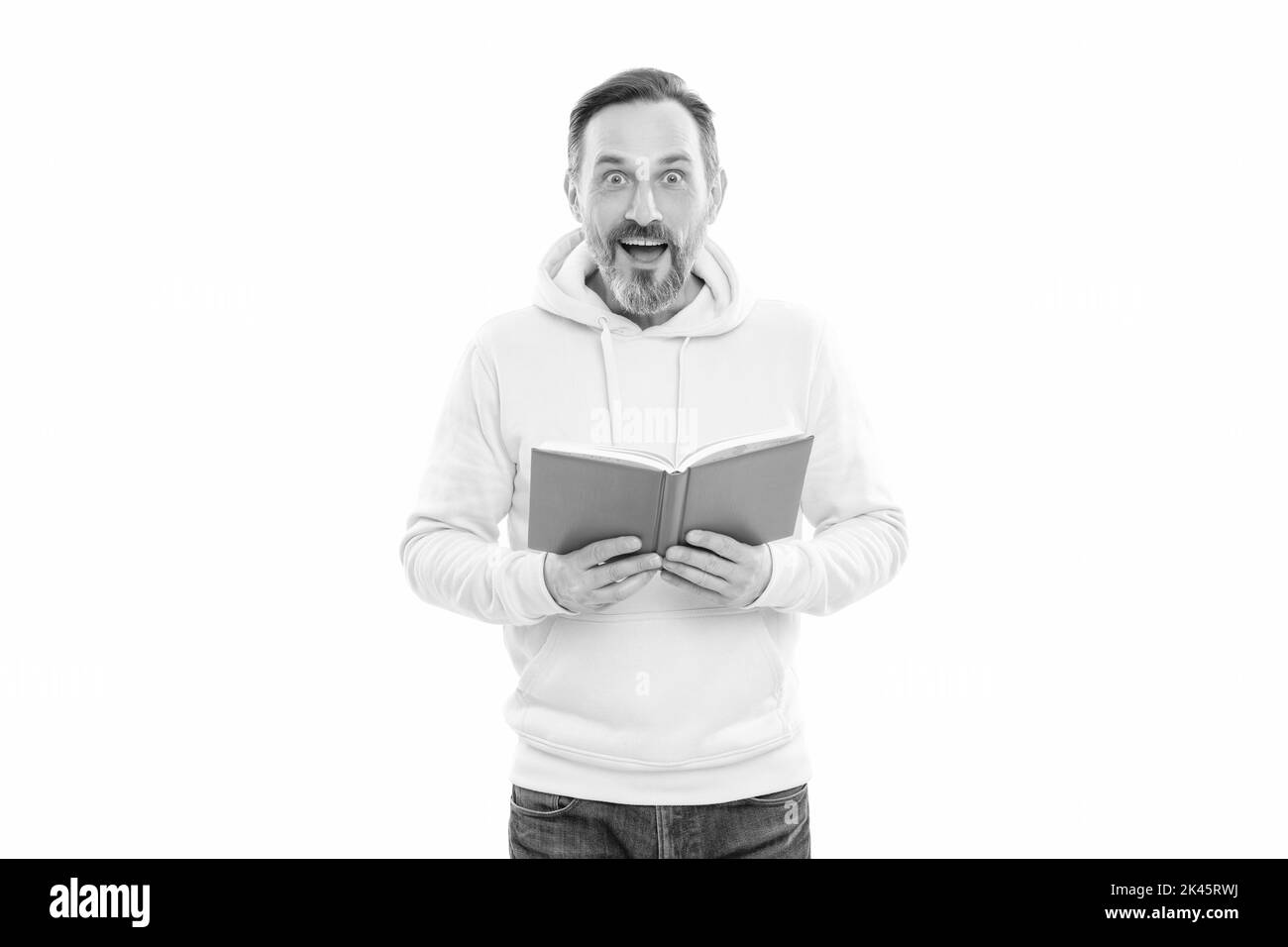 surprised senior guy with notepad isolated on white. caucasian man in ...