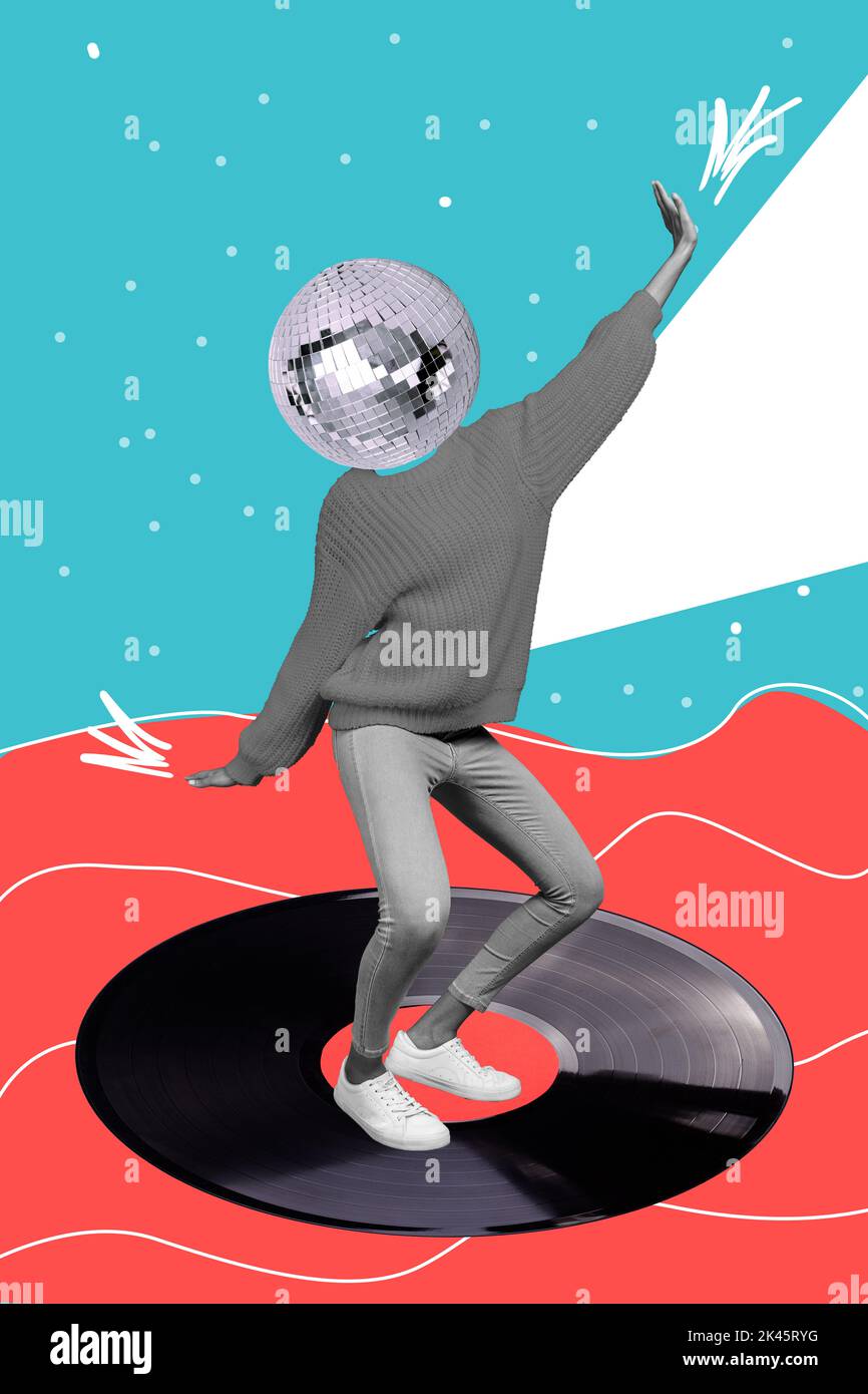 Creative poster collage of active lady disco ball instead head dancing ...