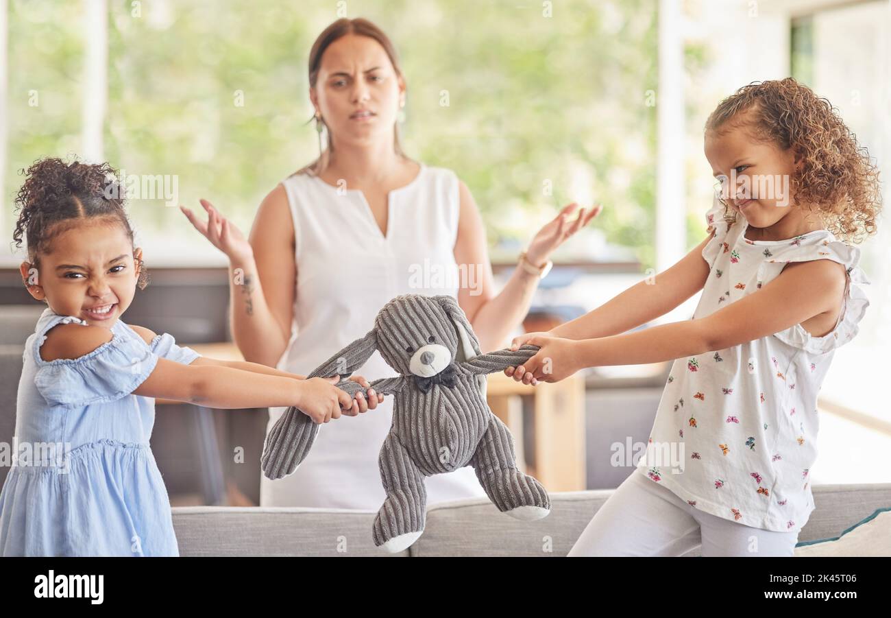 Toys, fight and kids with angry children in conflict while mother ...