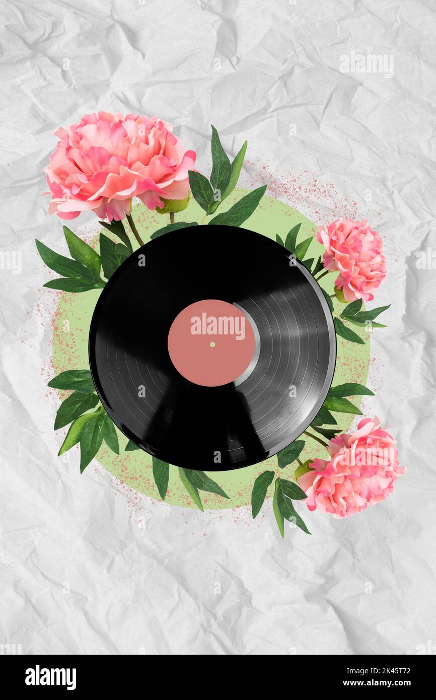 Vertical collage image of vintage vinyl record growing beautiful ...