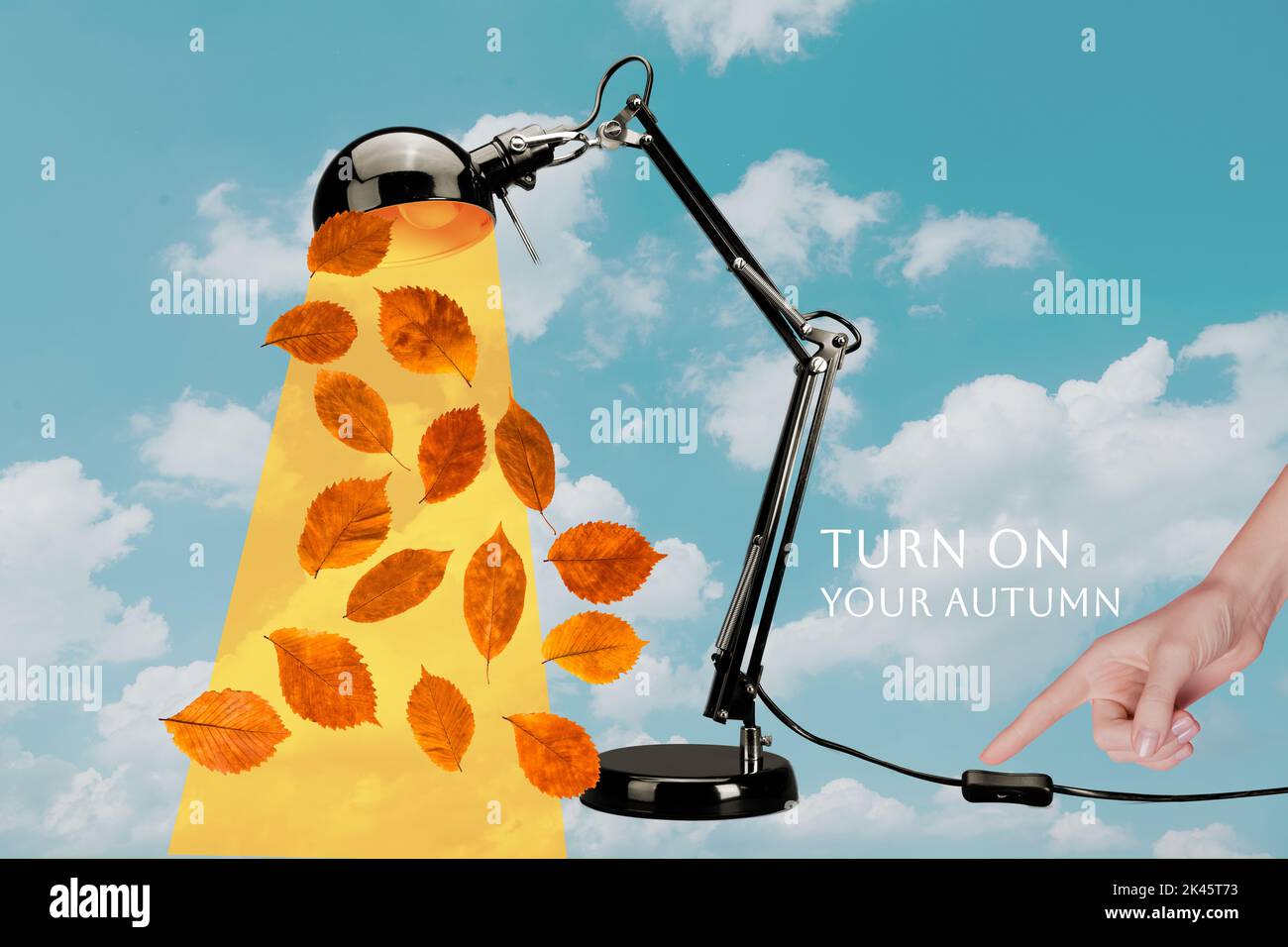 Composite collage image of electric table lamp light golden orange ...