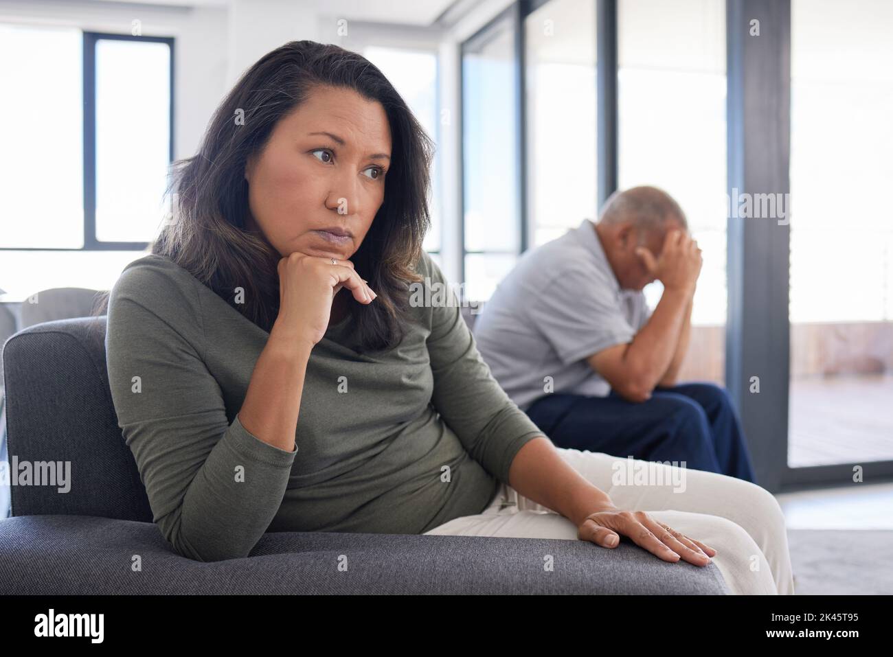 Senior couple stress after conflict, sad news or fight in living room ...