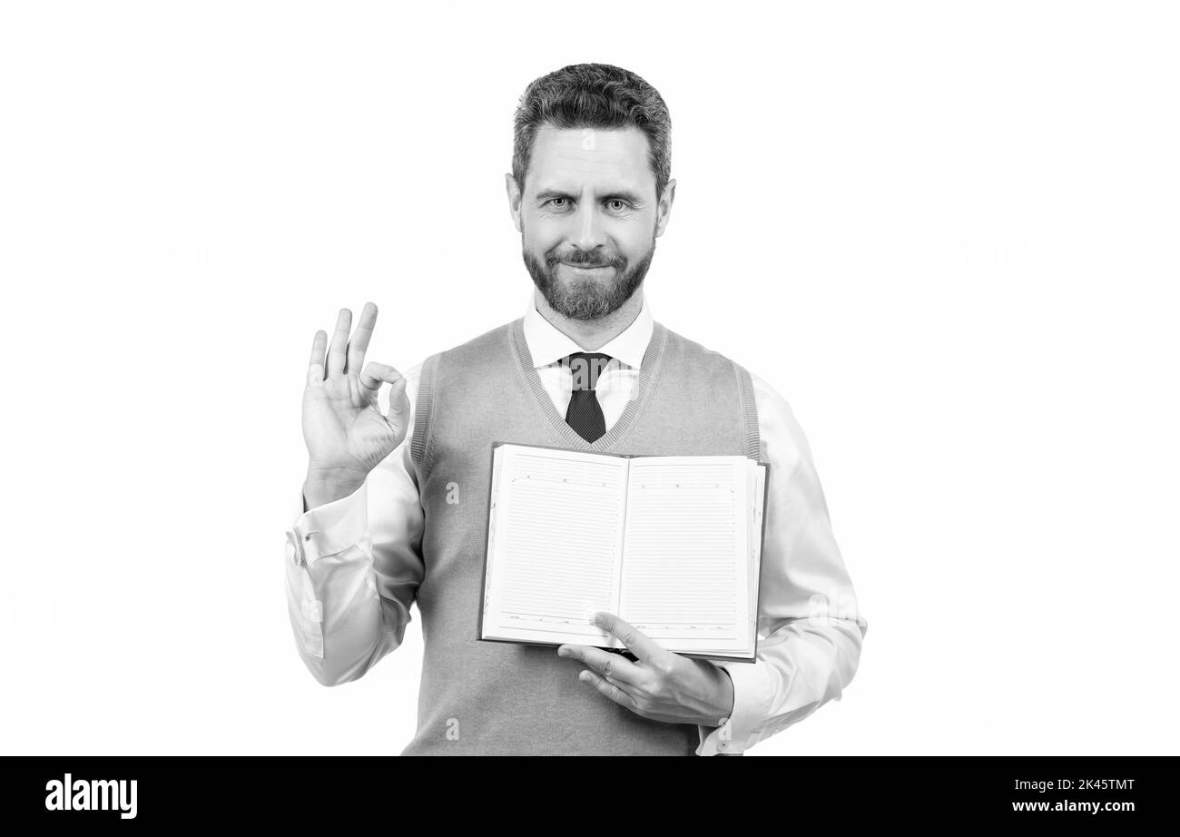 ok. man show open book page. boss ready to examine business report ...