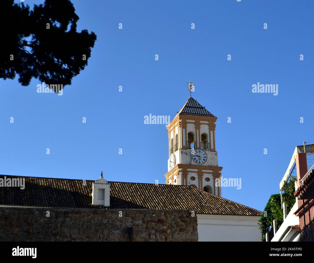 Marbella, Spain - 1 July 2012: Tower of the church of our lady of the ...