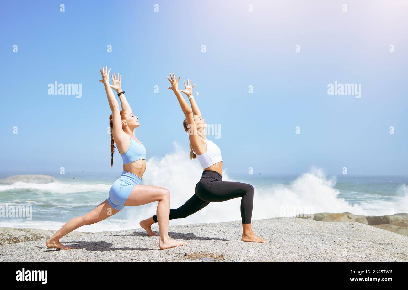 Yoga fitness friends on beach, wellness at sunrise in zen Los Angeles ...