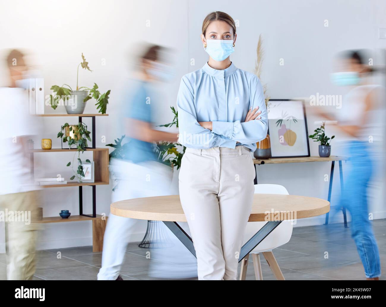 Covid, office and busy portrait of woman with mask for protection from ...