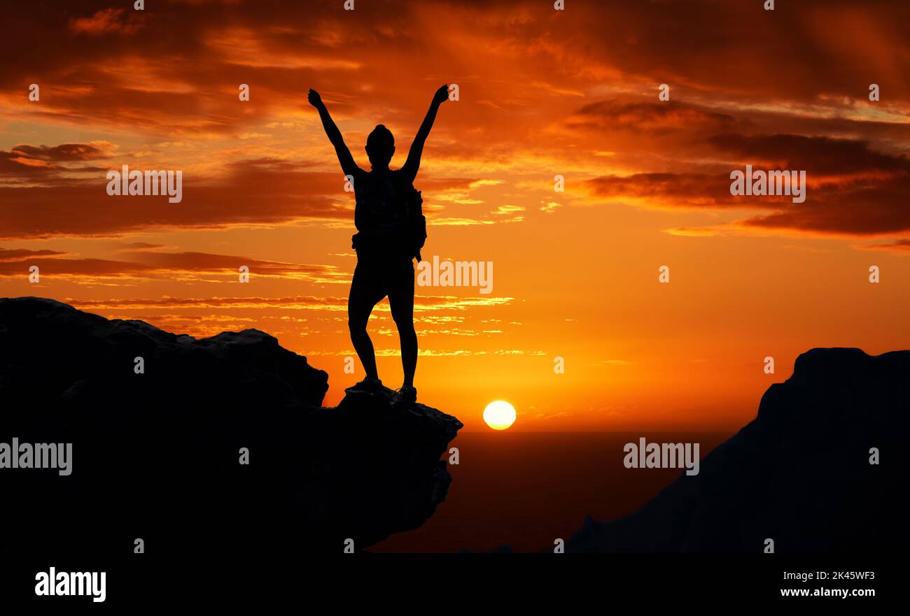 Freedom, mountain and man silhouette hiking at sunset, happy and ...