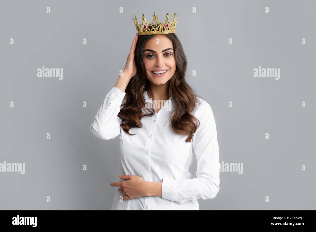 Woman queen. Portrait of ambitious girl with crown, feeling princess ...