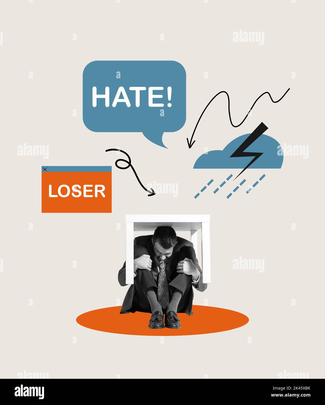 Contemporary art collage. Conceptual image with man hiding under table ...