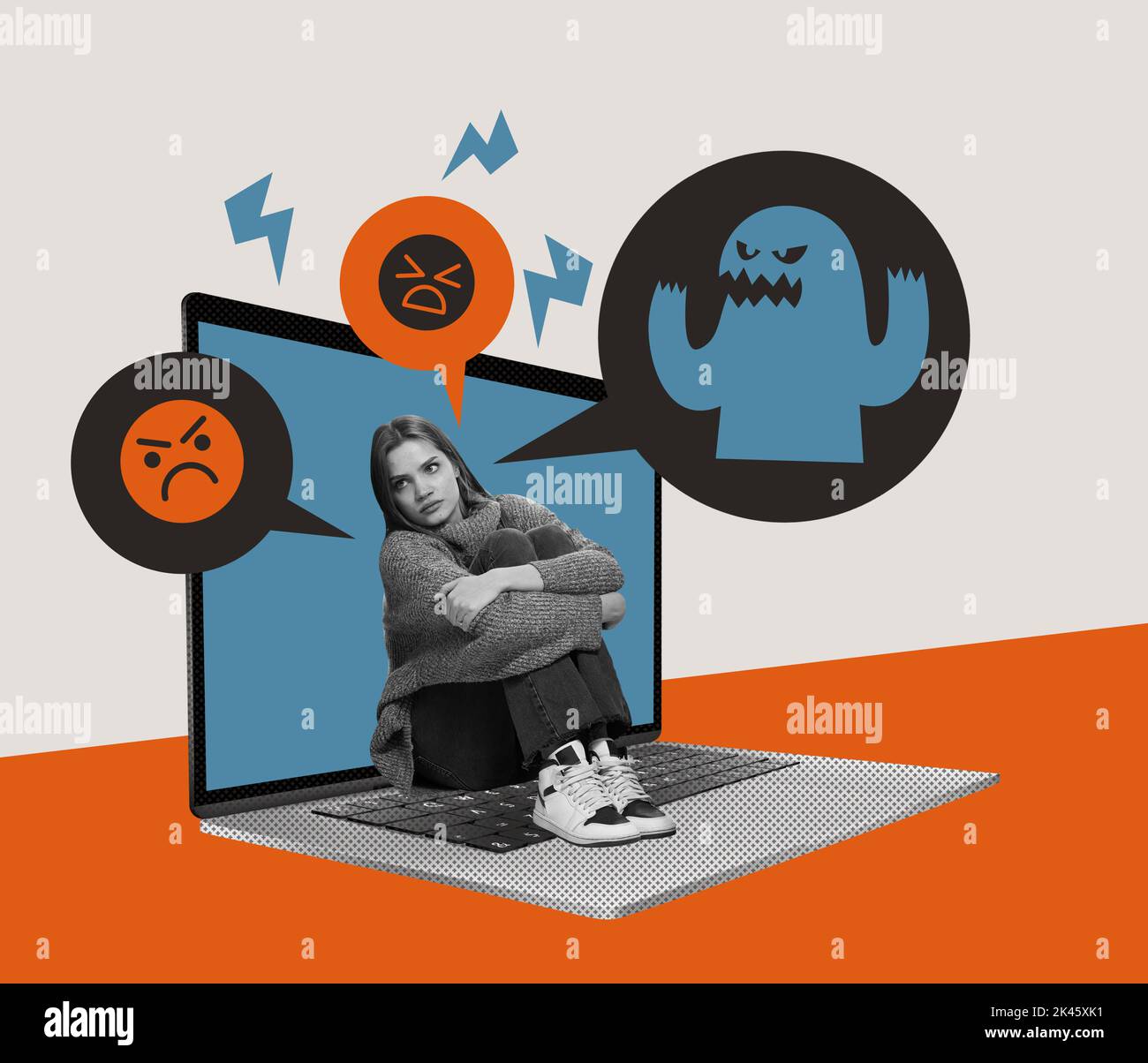 Contemporary art collage. Conceptual image with young woman sitting on ...