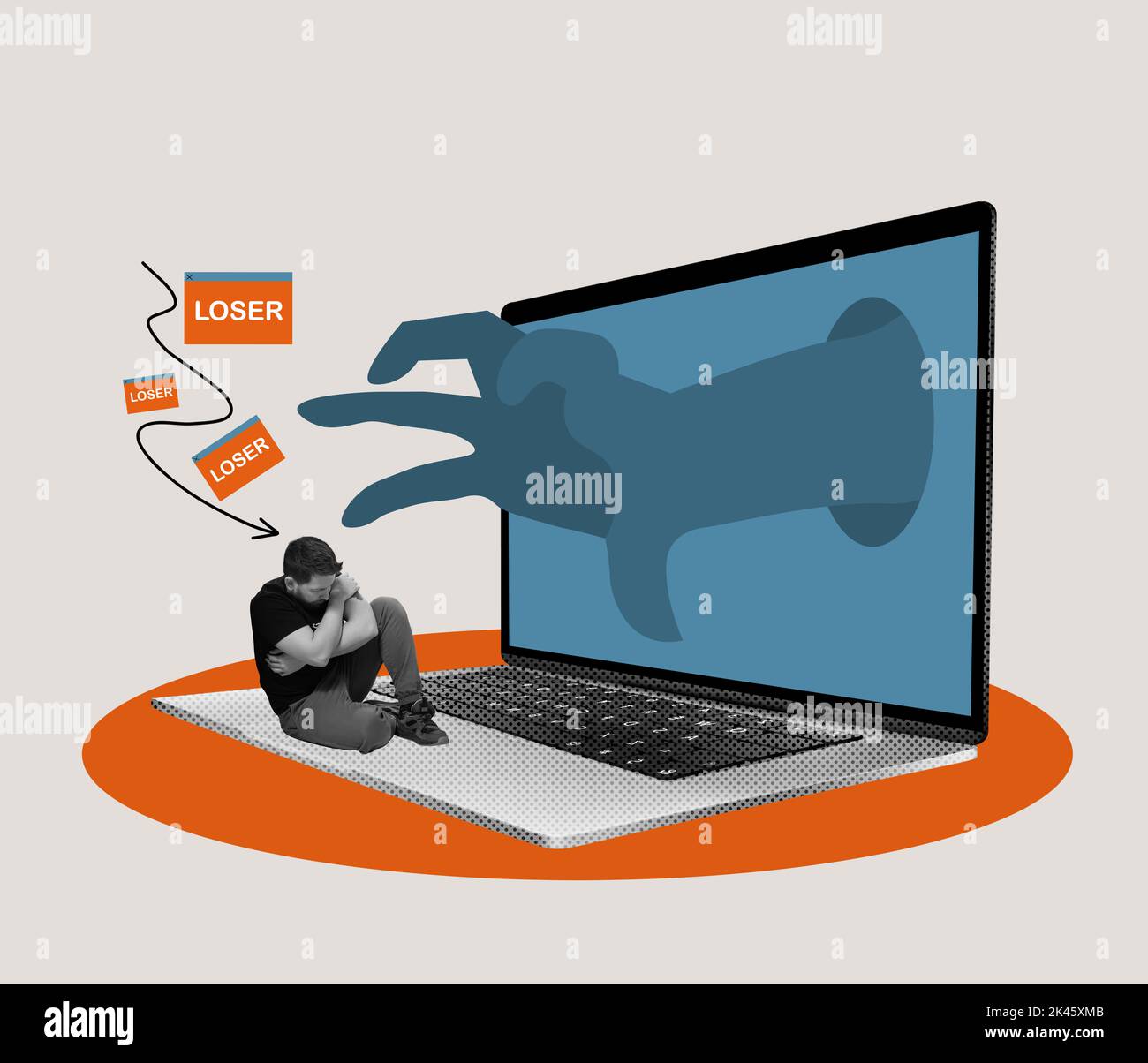 Cyberbullying sad man and hand from laptop internet harassment hi-res ...