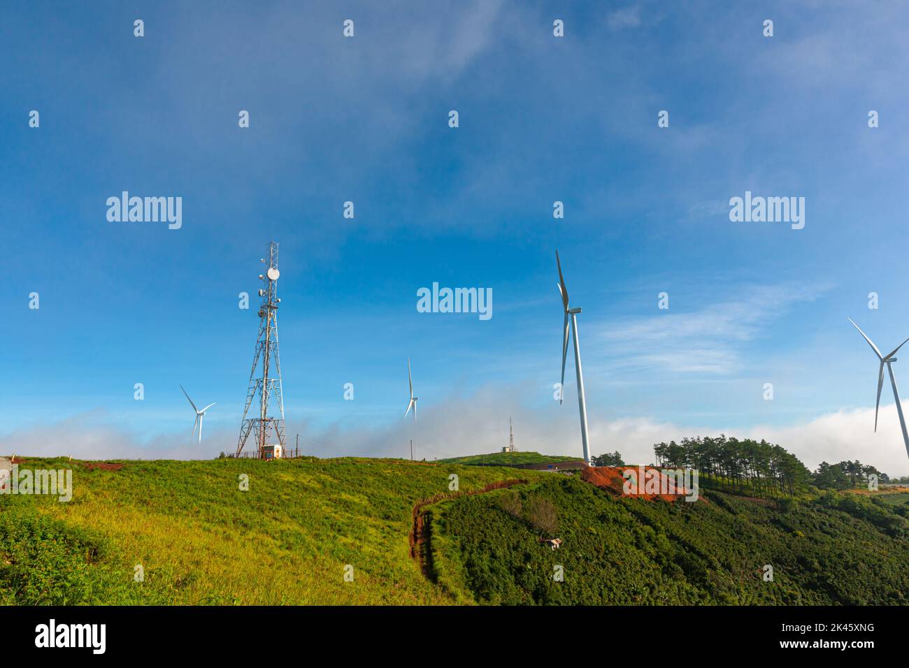 Renewable energy wind turbines windmill isolated on the beautiful blue ...