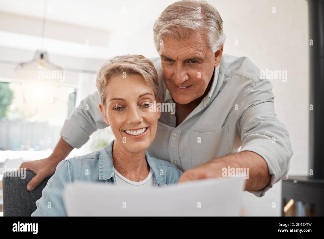Retirement couple budget, finance and investment planning, loan and paperwork bills at home ...