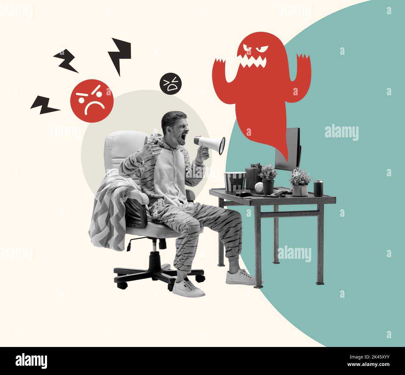 Contemporary art collage. Conceptual image with man shouting in anger ...