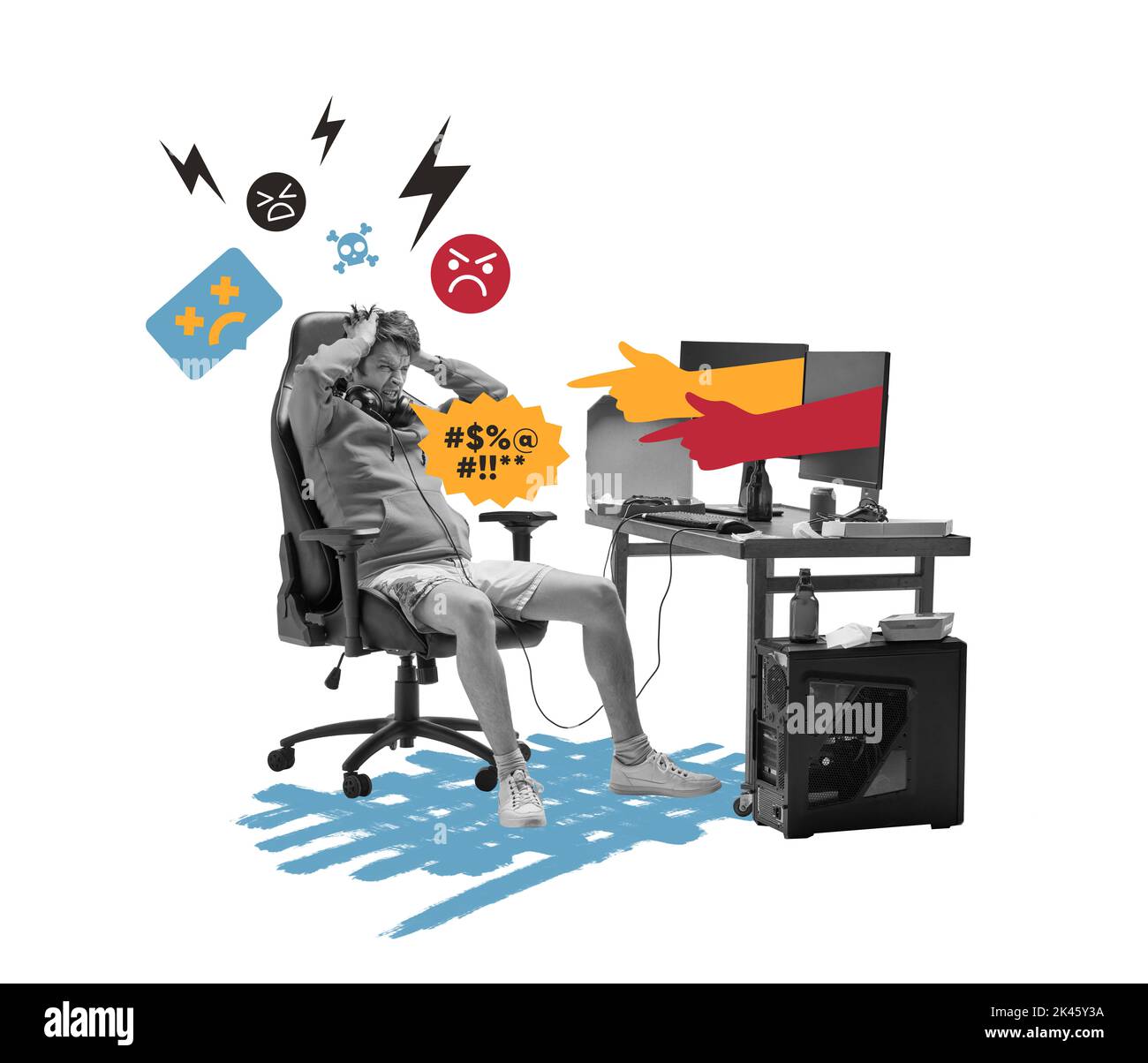 Contemporary art collage. Conceptual image with young man getting mad ...