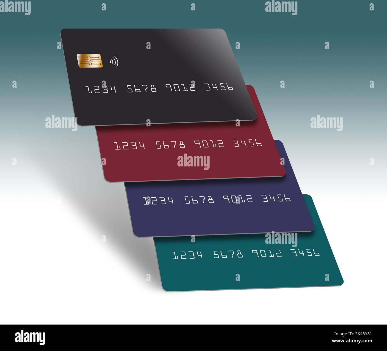 Four credit cards are seen stacked in an interesting formation Stock ...