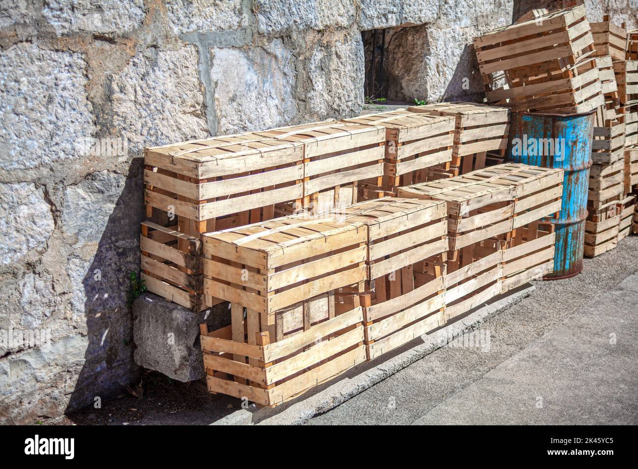 Pallets wooden boxes . Outdoor Storage . Crates on the street Stock ...
