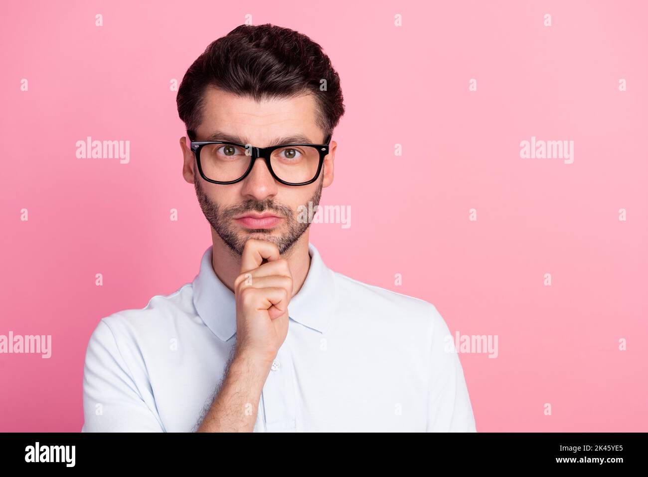 Closeup photo of young funny positive serious professional man worker ...