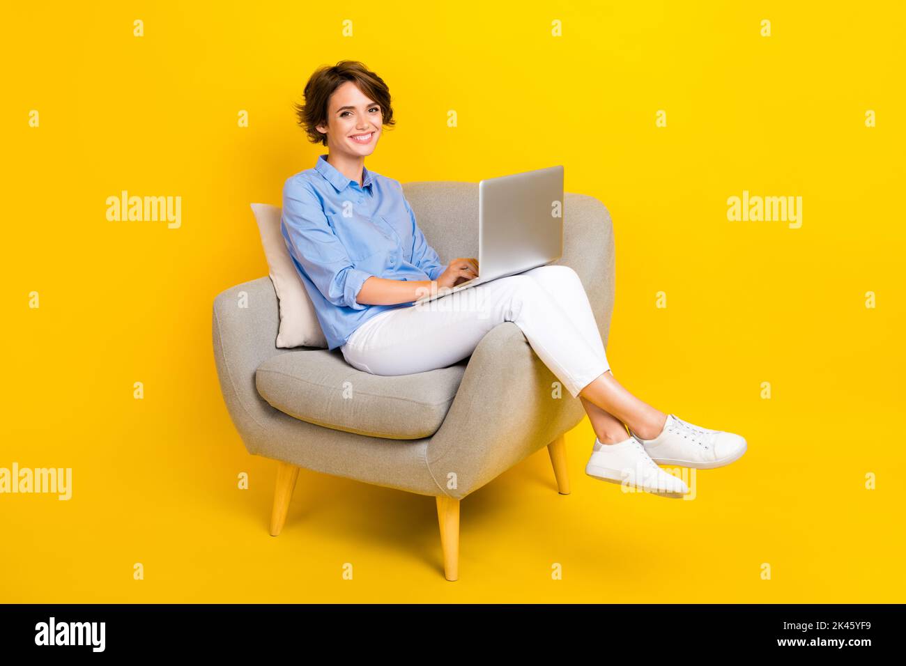 Full length photo of sweet pretty girl dressed blue shirt communicating ...