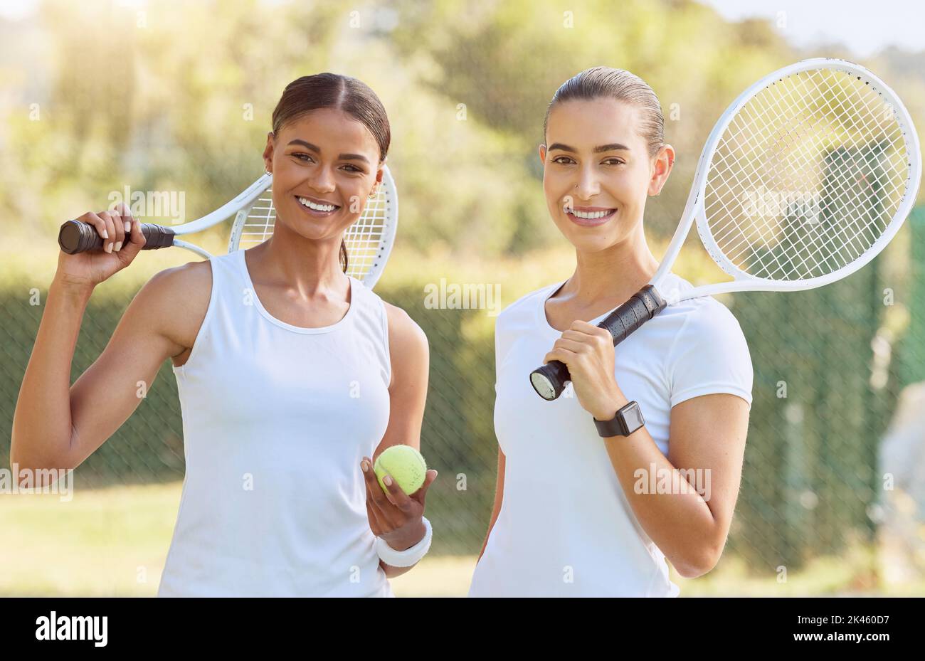 Tennis, team and training with a sports woman and friend on a court for ...