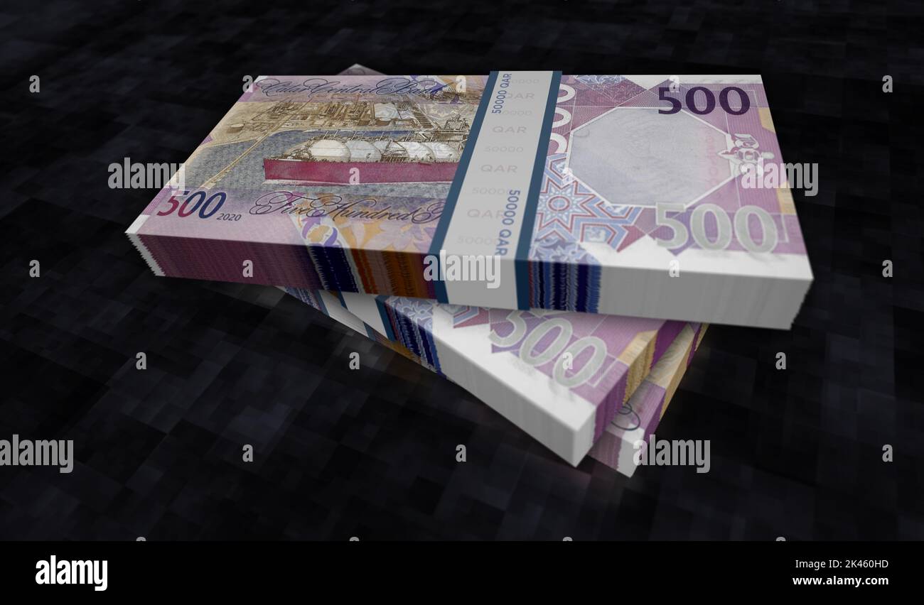 Qatar money Riyal money pack 3d illustration. QAR banknote bundle ...