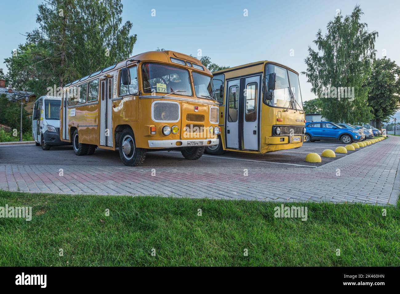 Sortavala, Russia - August 07, 2022: Retro buses stand on the morning ...