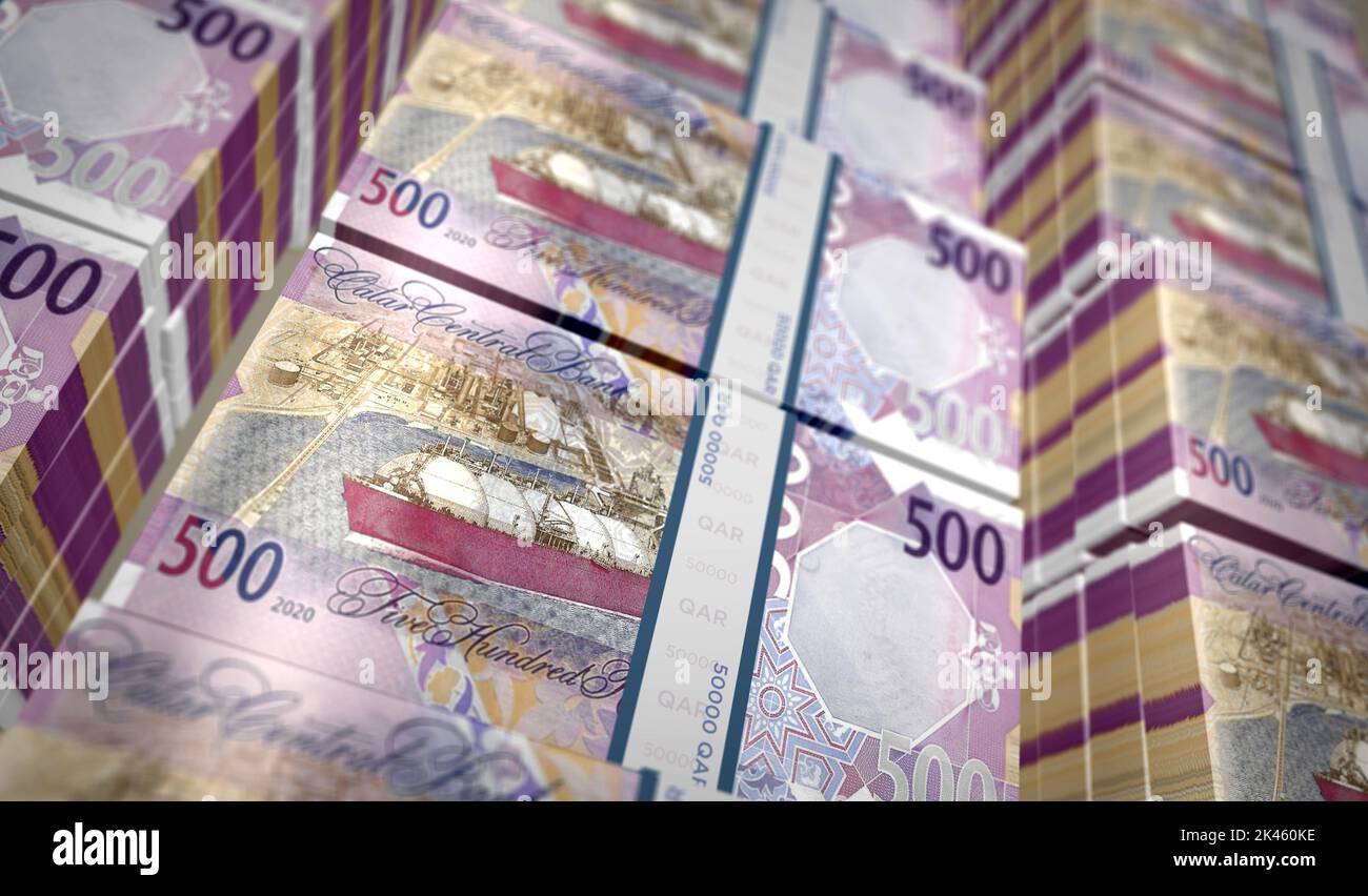 Qatar money Riyal money pack 3d illustration. QAR banknote bundle ...