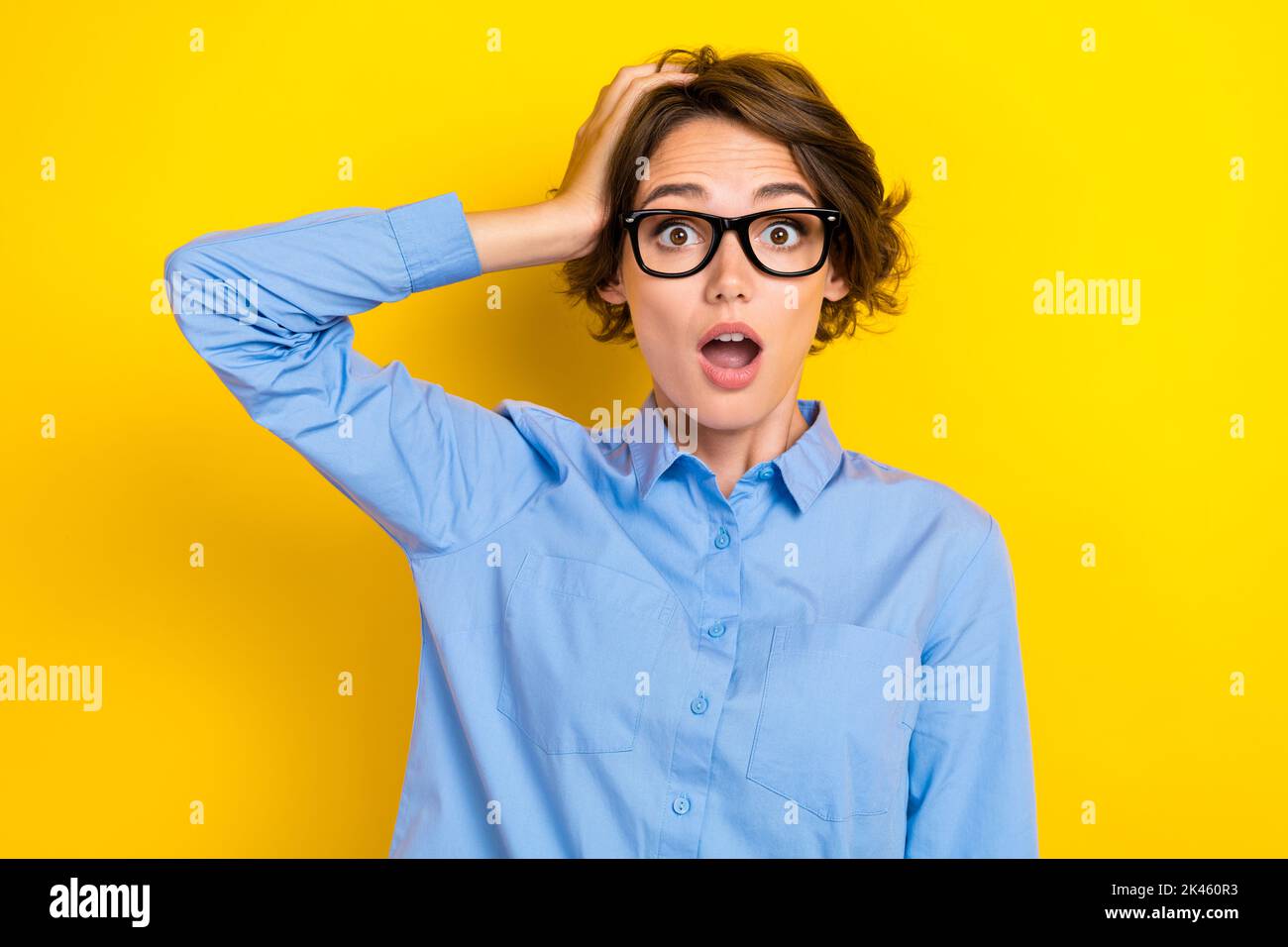 Closeup photo of young funny impressed shocked woman wear blue formal ...