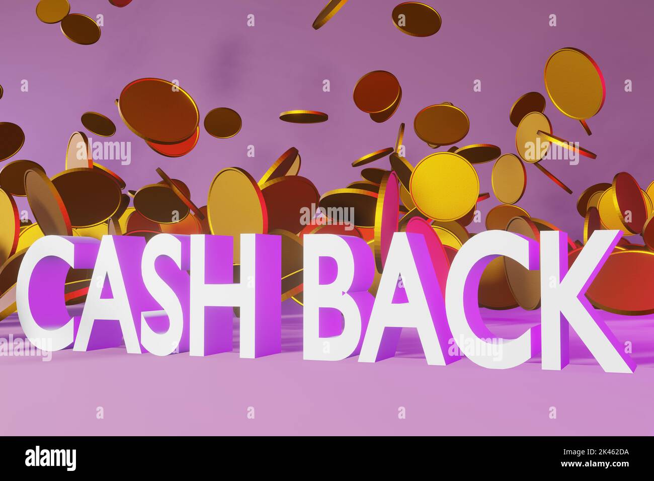 Cash back banner with floating golden coins 3D rendering purple neon ...