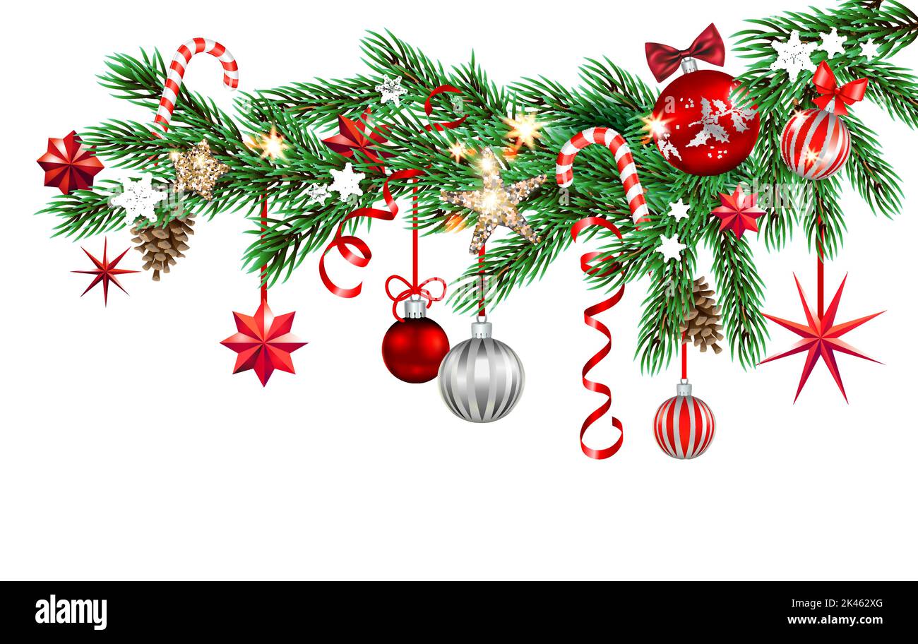 Christmas tree branch decoration with balls and stars. Winter holiday ...