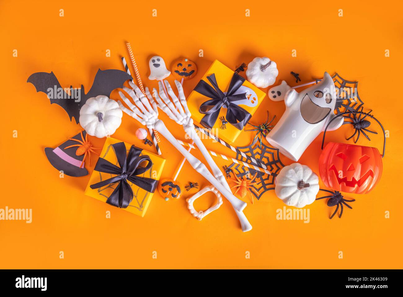 Happy Halloween holiday greeting card background. Flat lay gift boxes ...