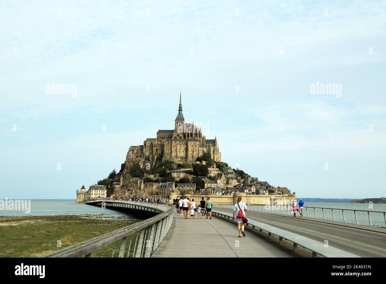 View of Le Mont Saint Michel at high tide from the causeway, Le Mont St Michel, Normandy, France ...