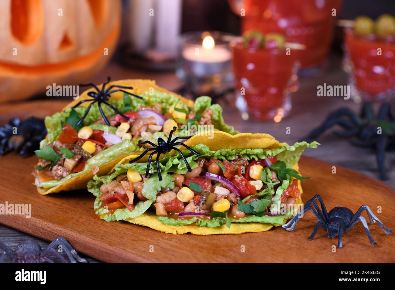 Halloween Food. Mexican corn tortilla tacos with vegetables and chicken ...