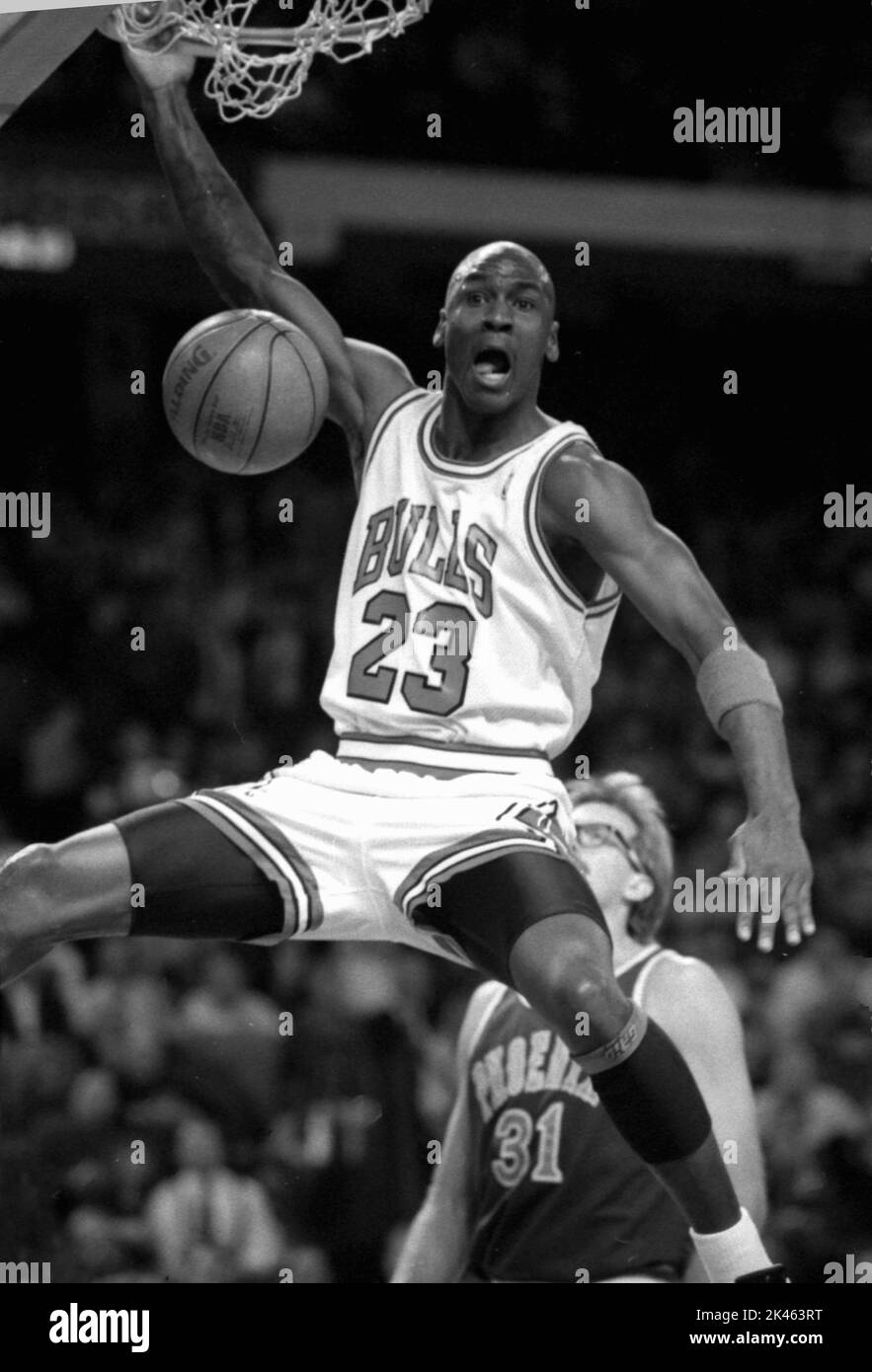 NBA superstar Michael Jordan of the Chicago Bulls is shown during game ...