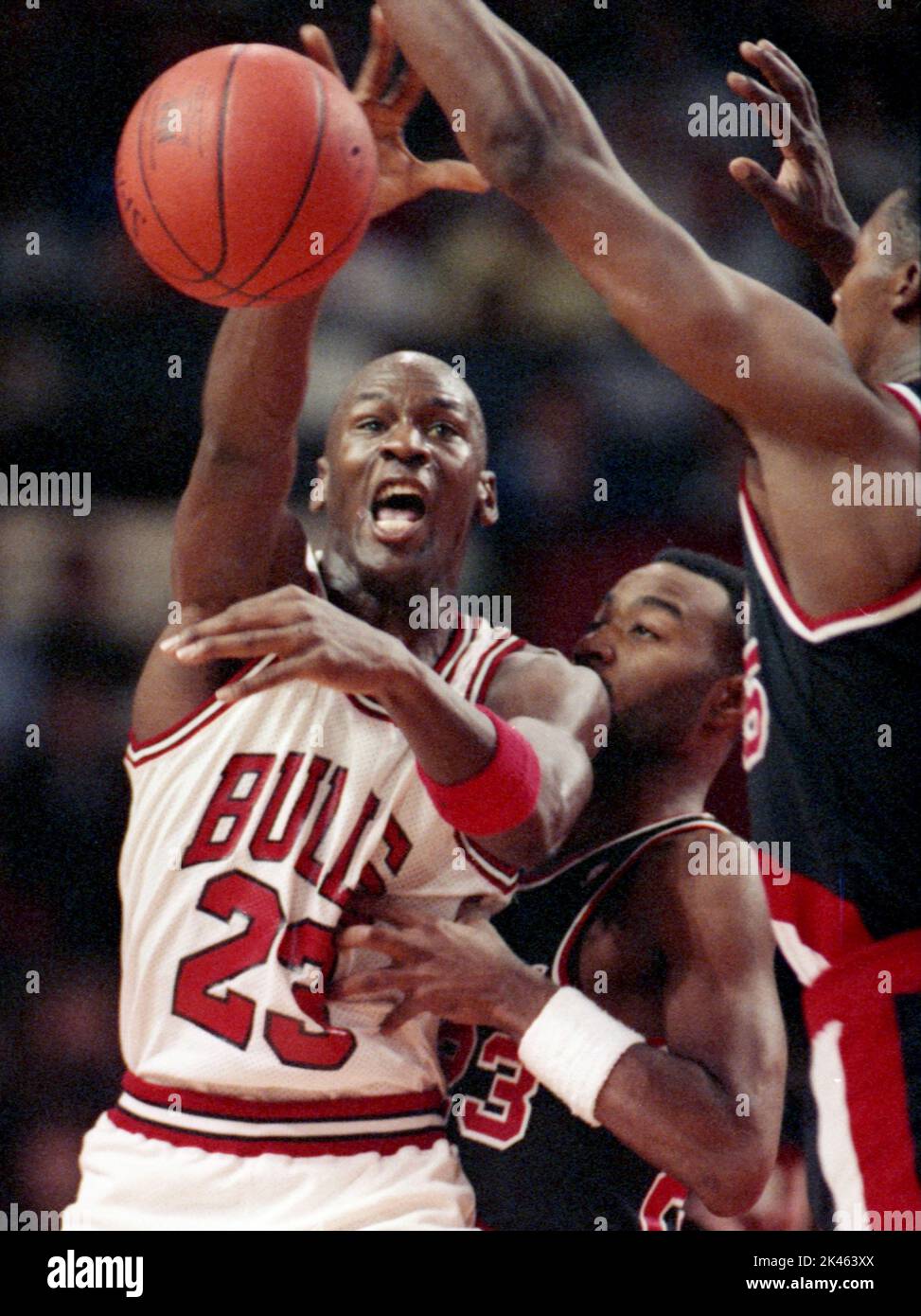 NBA superstar Michael Jordan of the Chicago Bulls in game action in 1990 Stock Photo - Alamy