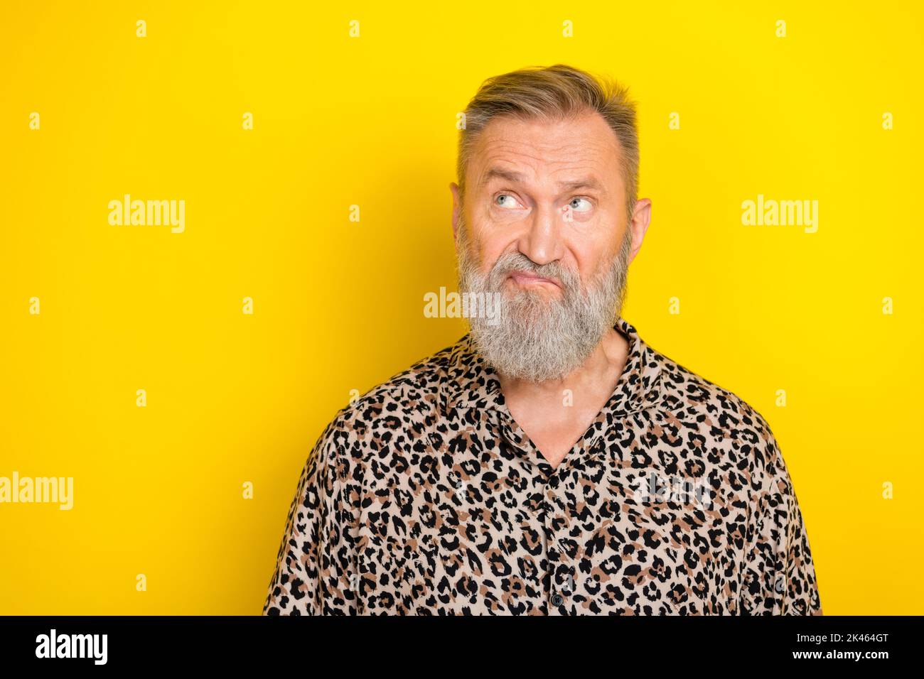 Photo portrait of attractive grandpa look disappointed empty space wear ...