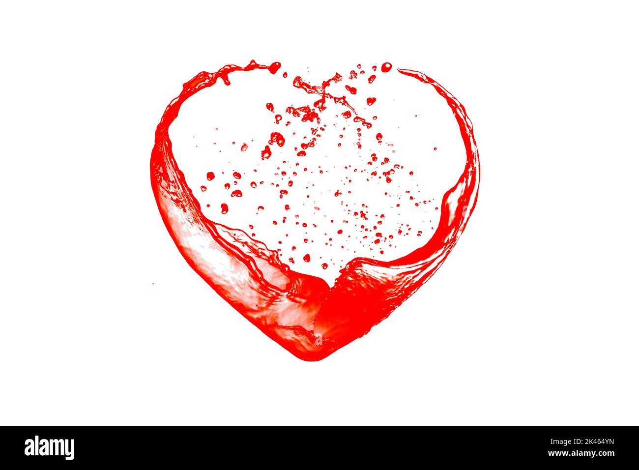 Red water splash heart shape on a white background with copy space ...