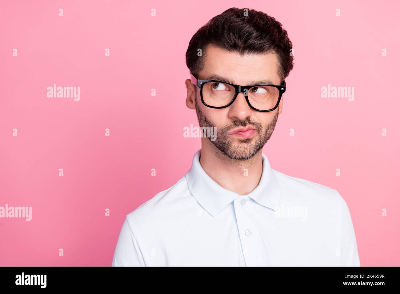 Closeup photo of young handsome funny positive interested guy wear ...