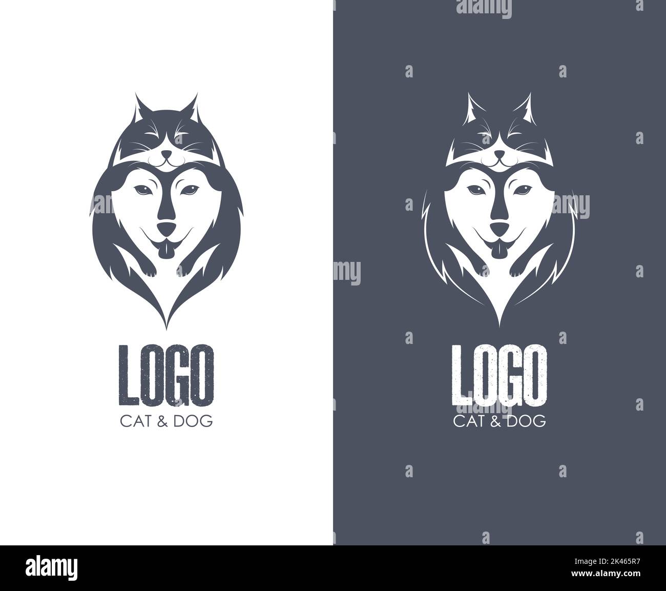 Dog and cat together logo or icon design. Cat lies on the husky head ...
