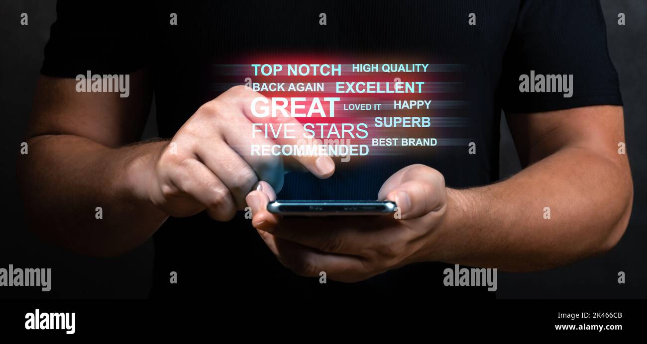 Man leave positive feedback about product or service on phone. Positive ...