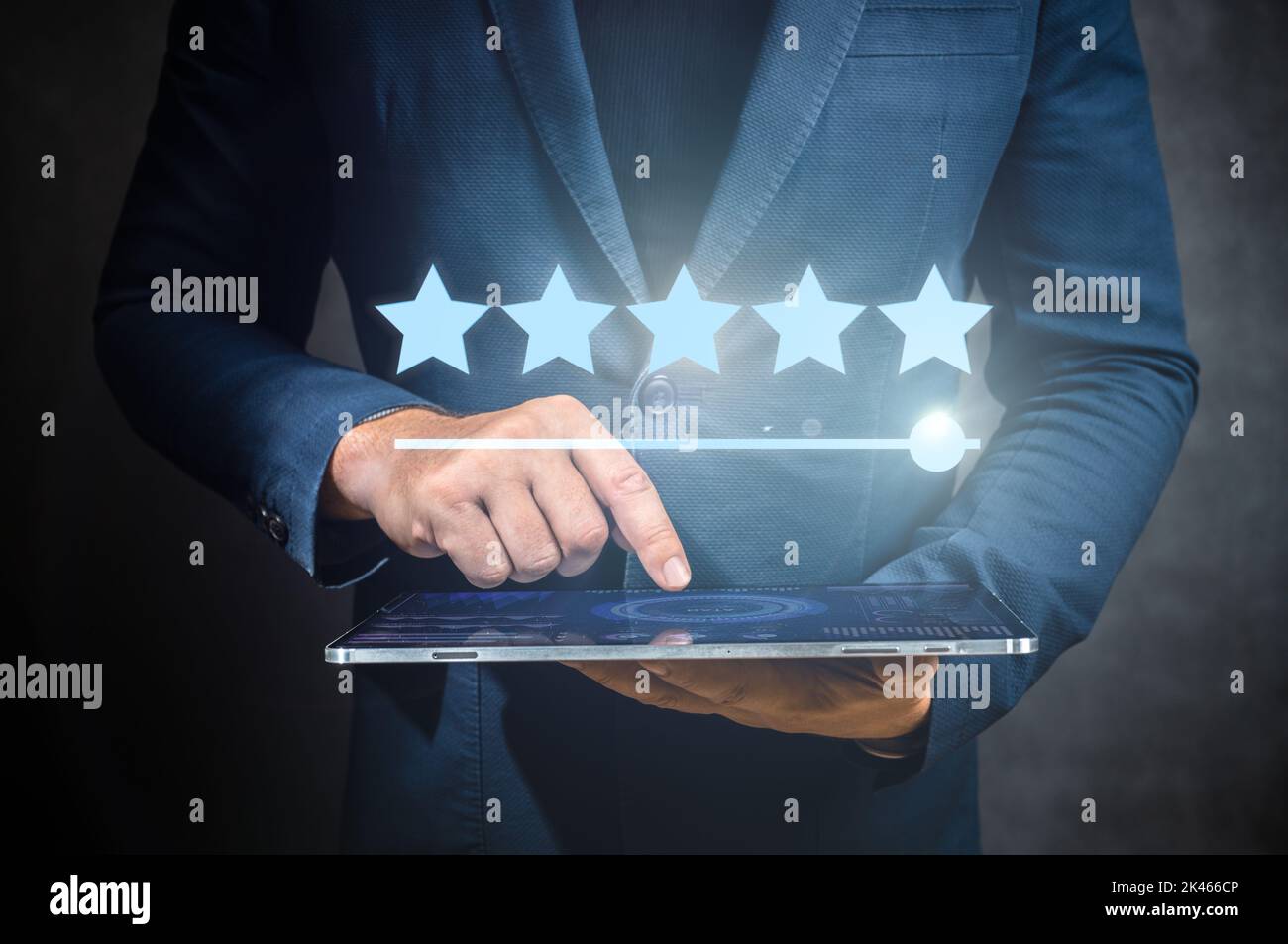 5 star rating on digital tablet. Positive customer opinion. Good ...