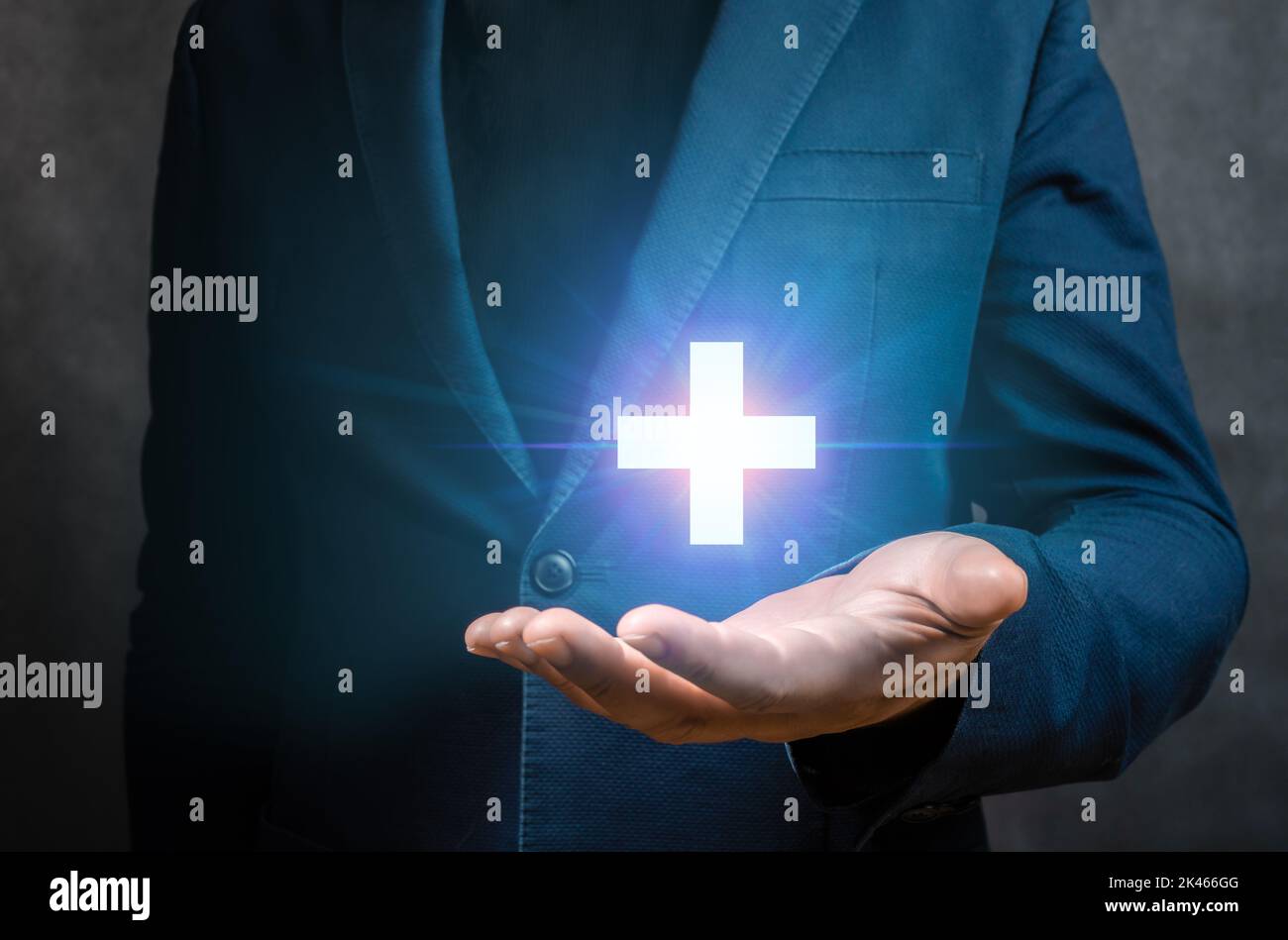 Businessman, man hold in hand offer positive thing such as profit ...