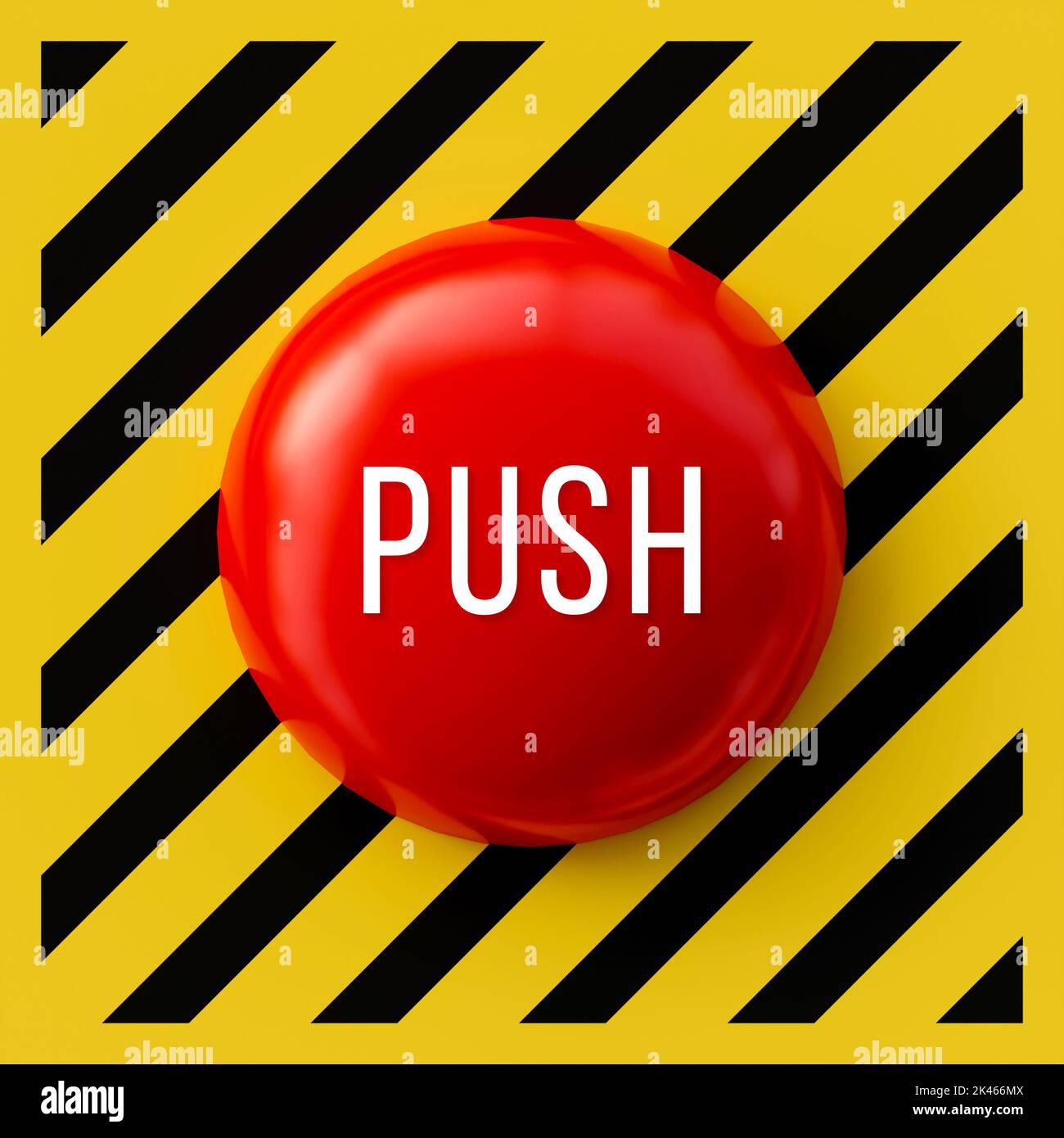 Push button with red color isolated on black and yellow striped ...