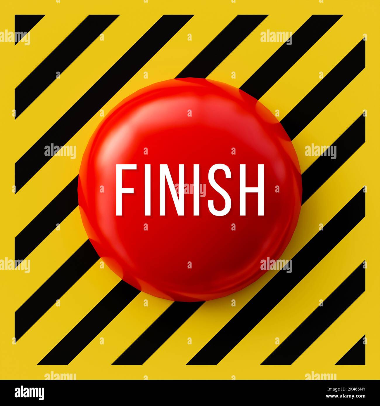 Finish button with red color isolated on black and yellow striped background. 3D Rendering Stock ...